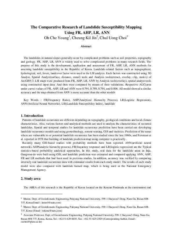 Pdf The Comparative Research Of Landslide Susceptibility Mapping Using Fr Ahp Lr Ann