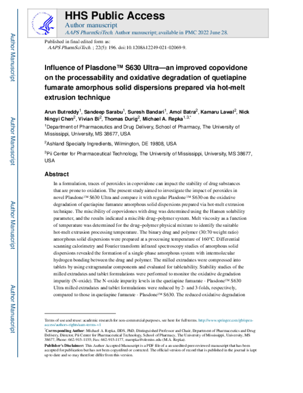 (PDF) Plasdone S630 Ultra Reduces Quetiapine Degradation