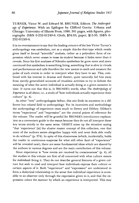 (PDF) Review of: Victor W. Turner and Edward M. Bruner eds., The ...
