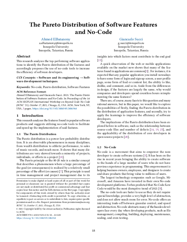 (PDF) The Pareto Distribution of Software Features and No-Code