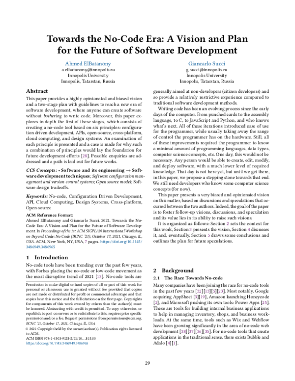 (PDF) Towards the No-Code Era: A Vision and Plan for the Future of ...