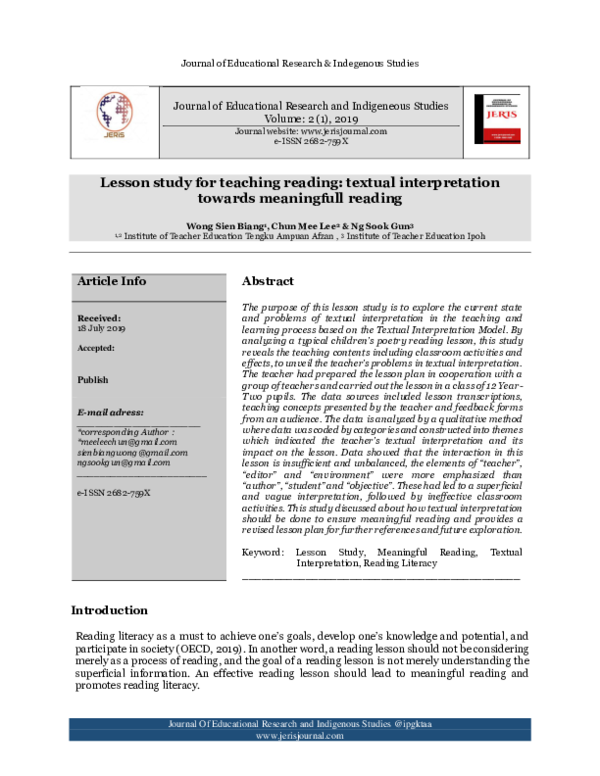 (PDF) Lesson study for teaching reading: textual interpretation towards meaningfull reading