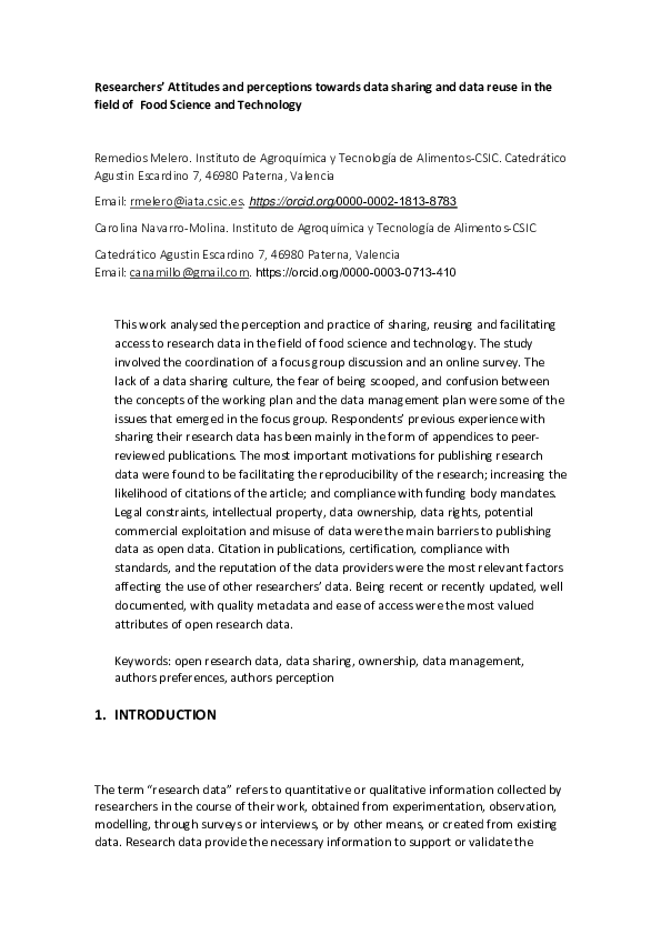 (PDF) Researchers' attitudes and perceptions towards data sharing and data reuse in the field of ...