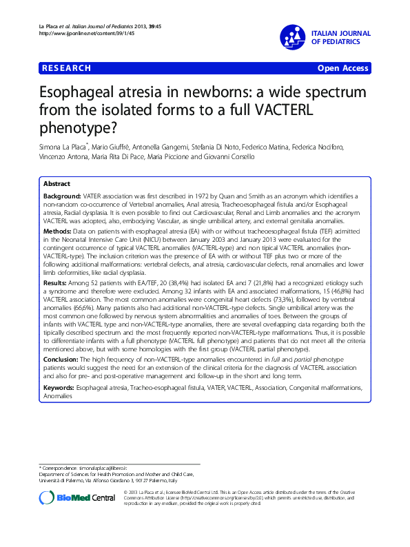 (PDF) Esophageal atresia in newborns: a wide spectrum from the isolated ...