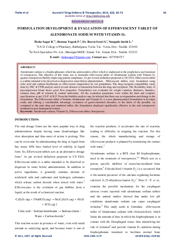 (PDF) Formulation Development & Evaluation of Effervescent Tablet of Alendronate Sodium with ...