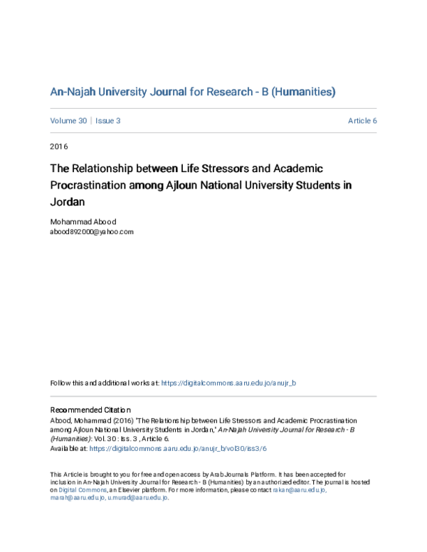 (PDF) The Relationship between Life Stressors and Academic Procrastination among Ajloun National ...