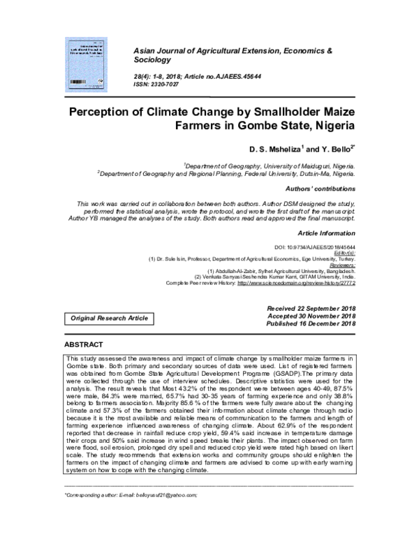 (PDF) Perception of Climate Change by Smallholder Maize Farmers in Gombe State, Nigeria | Yusuf ...