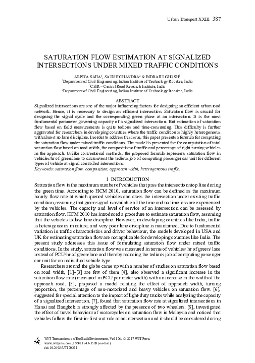 Pdf Saturation Flow Estimation At Signalized Intersections Under Mixed Traffic Conditions
