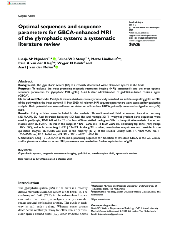 (PDF) Optimal sequences and sequence parameters for GBCA-enhanced MRI of the glymphatic system ...