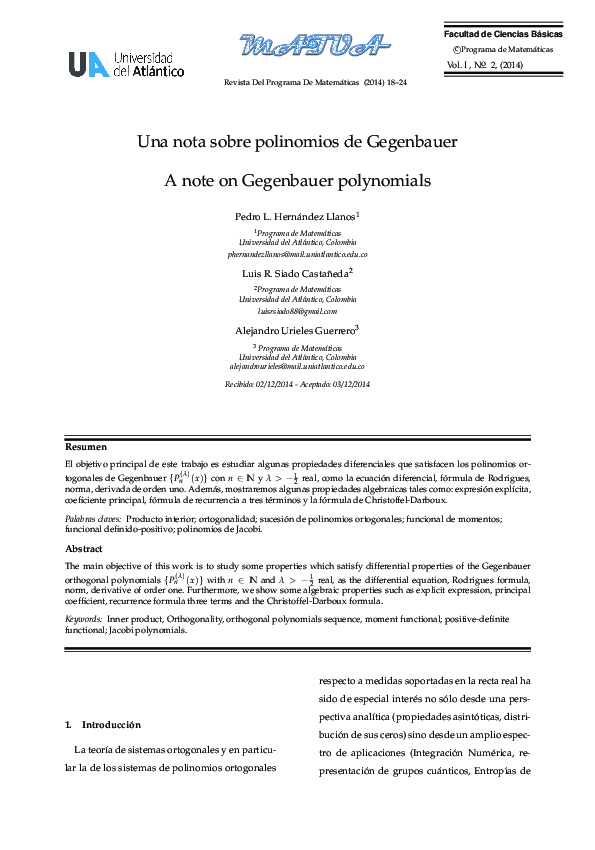 (PDF) Una Nota Sobre Polinomios De Gegenbauer