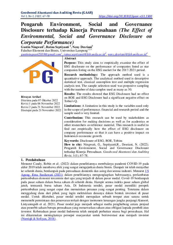 (PDF) Pengaruh Environment, Social and Governance Disclosure terhadap Kinerja Perusahaan