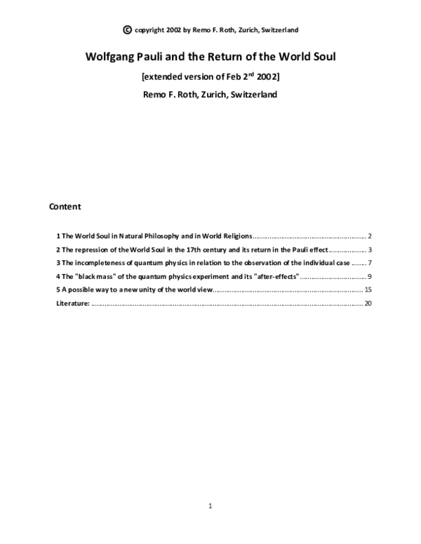 (PDF) Wolfgang Pauli and the Return of the World Soul (Revised)