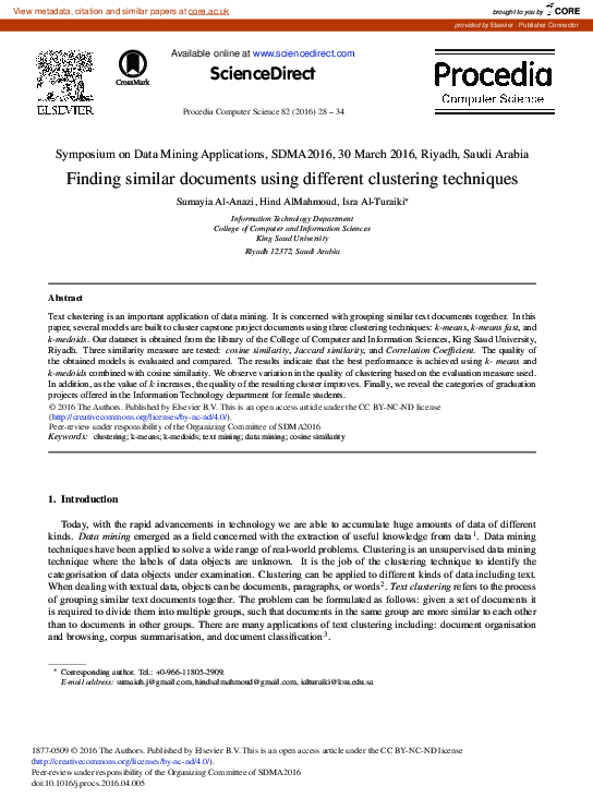 Pdf Finding Similar Documents Using Different Clustering Techniques 0901