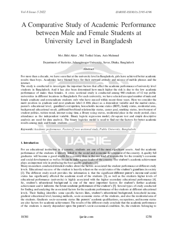 (PDF) A Comparative Study of Academic Performance between Male and ...