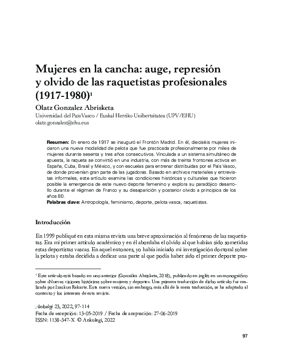 (PDF) 2022. Mujeres en la cancha: auge, represión y olvido de las raquetistas profesionales ...