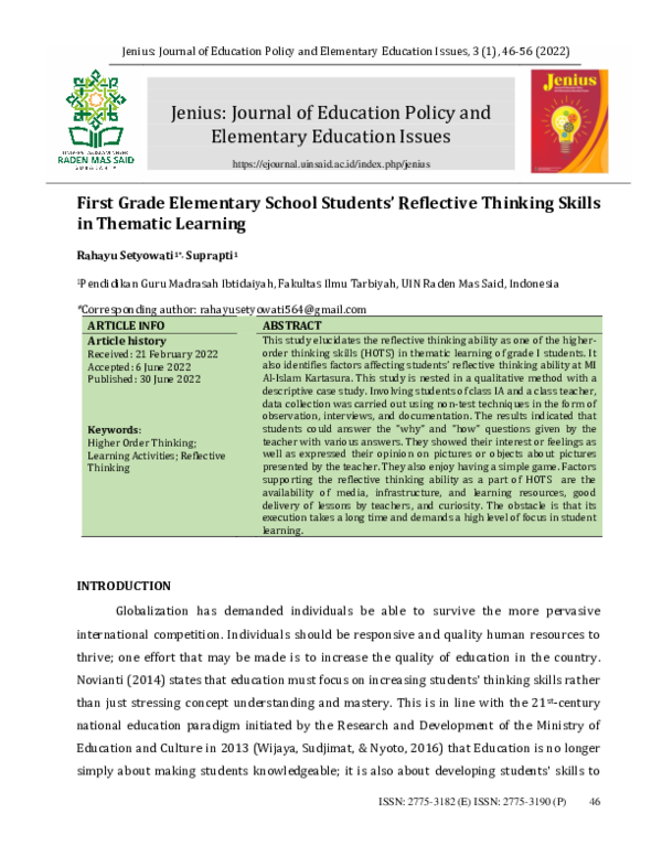 (PDF) First Grade Elementary School Students’ Reflective Thinking Skills in Thematic Learning ...
