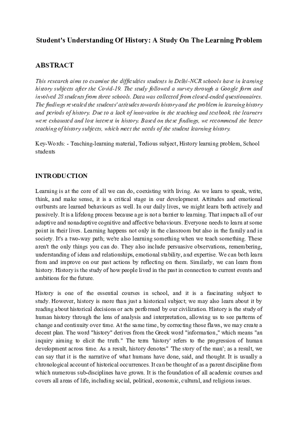 (PDF) Student's Understanding Of History: A Study On The Learning Problem