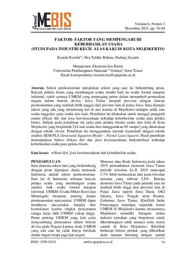 (PDF) Faktor- Faktor Yang Mempengaruhi Keberhasilan Usaha (Studi Pada Industri Kecil Alas Kaki ...