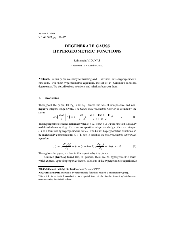 (PDF) Degenerate Gauss Hypergeometric Functions