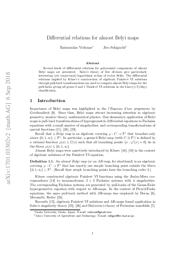 (PDF) Differential relations for almost Belyi maps