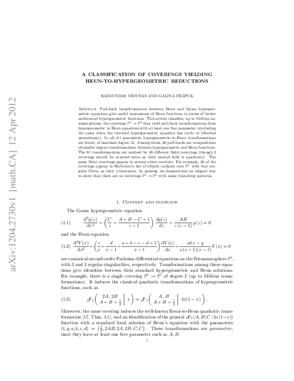 (PDF) A classification of coverings | Raimundas Vidunas - Academia.edu