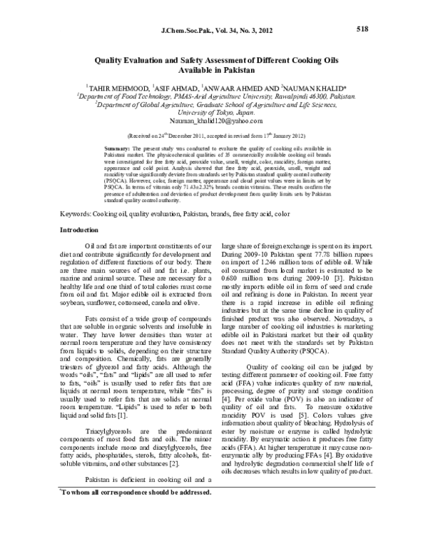 (PDF) Quality Evaluation and Safety Assessment of Different Cooking Oils Available in Pakistan