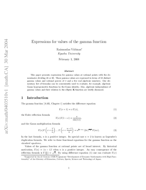 (PDF) Expressions for Values of the Gamma Function