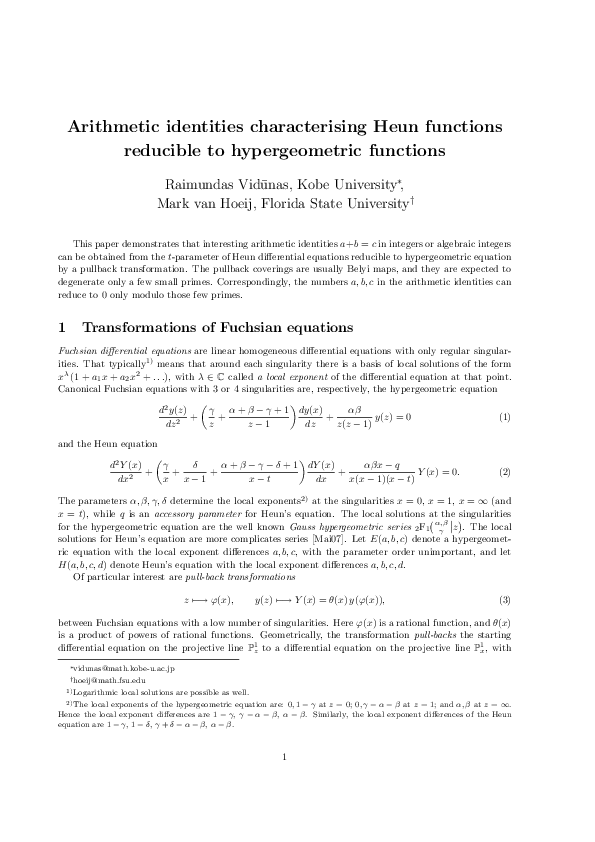 Pdf Arithmetic Identities Characterising Heun Functions Reducible To Hypergeometric Functions 