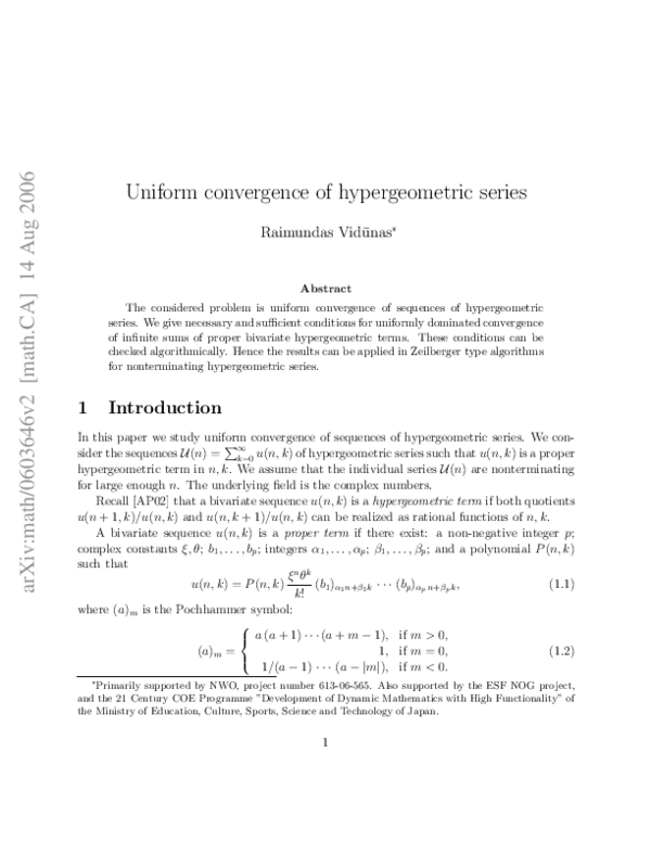 (PDF) Uniform convergence of hypergeometric series