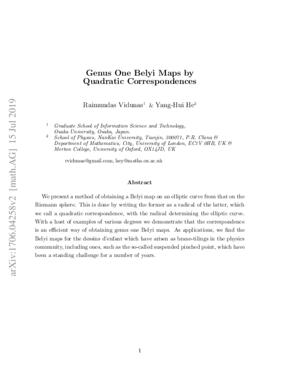 (PDF) Genus One Belyi Maps by Quadratic Correspondences