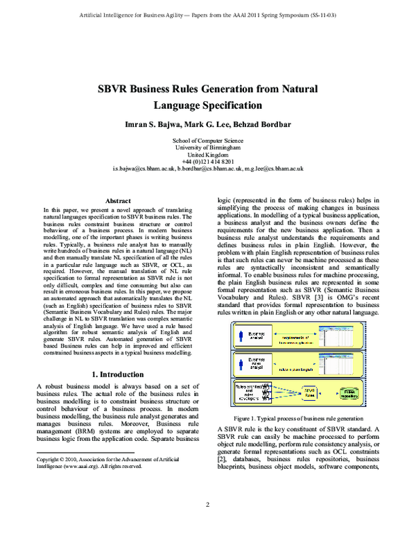 (PDF) SBVR Business Rules Generation from Natural Language Specification