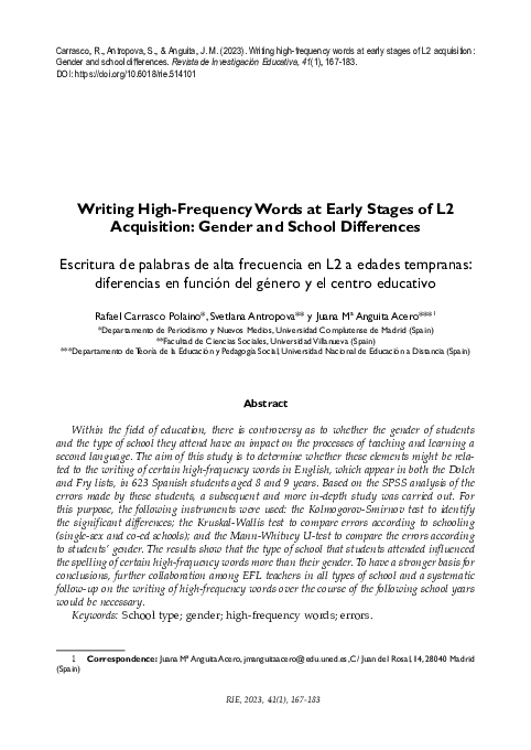 (PDF) Writing High-Frequency Words at Early Stages of L2 Acquisition ...