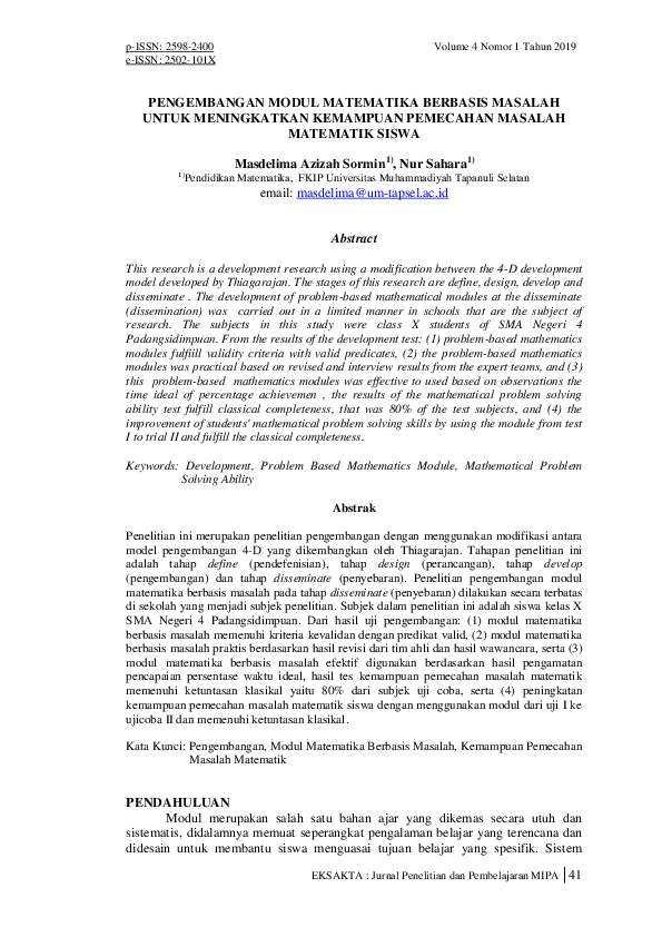 (PDF) Pengembangan Modul Matematika Berbasis Masalah Untuk Meningkatkan Kemampuan Pemecahan ...