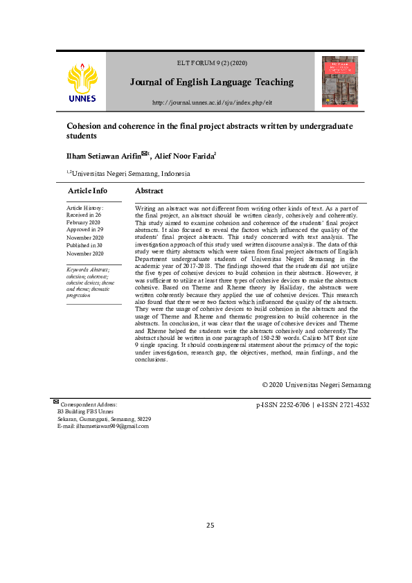 (PDF) Cohesion and Coherence in the Final Project Abstracts of English ...