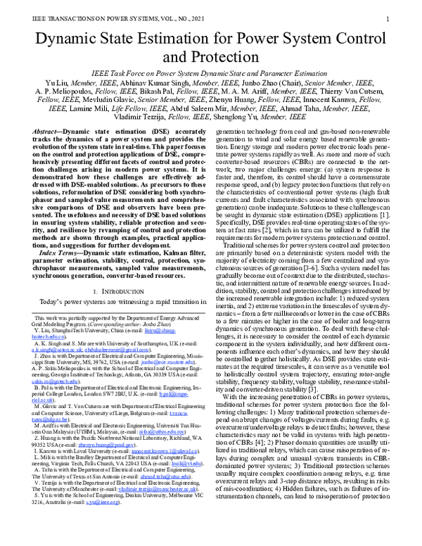 (PDF) Dynamic State Estimation for Power System Control and Protection