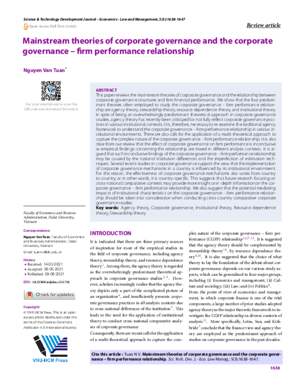 (PDF) Mainstream theories of corporate governance and the corporate governance – firm ...