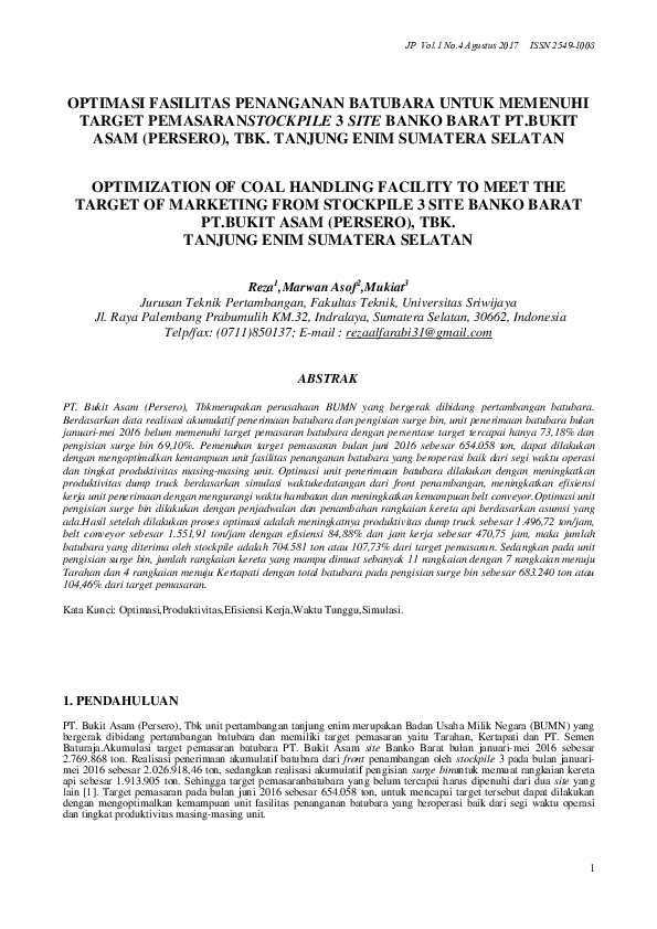 (PDF) Optimasi Fasilitas Penanganan Batubara Untuk Memenuhi Target ...