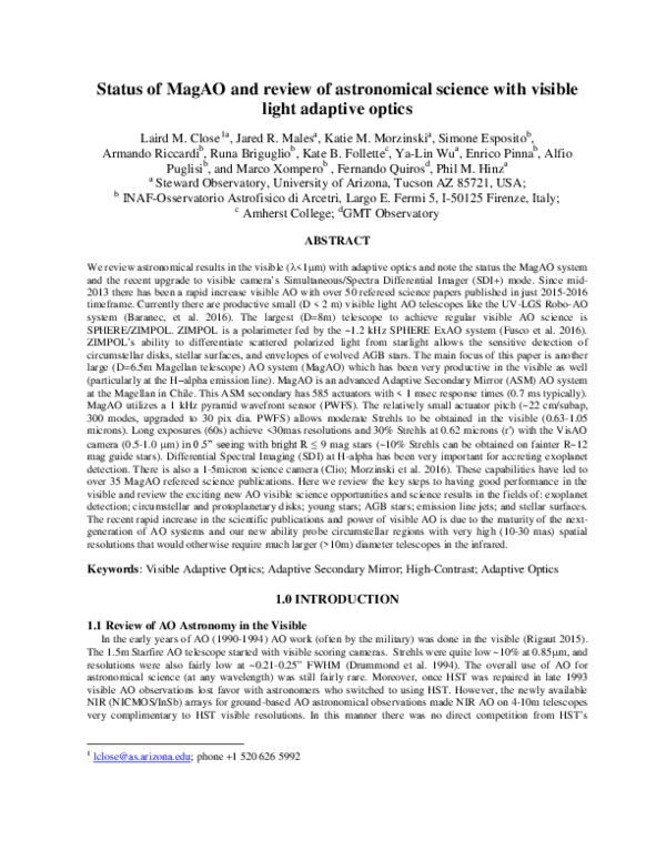 (PDF) Status of MagAO and review of astronomical science with visible ...
