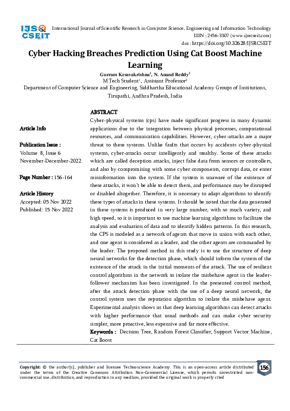 Pdf Cyber Hacking Breaches Prediction Using Cat Boost Machine Learning