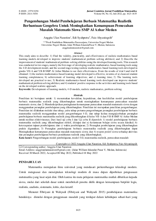 (PDF) Pengembangan Model Pembelajaran Berbasis Matematika Realistik Berbantuan Geogebra Untuk ...