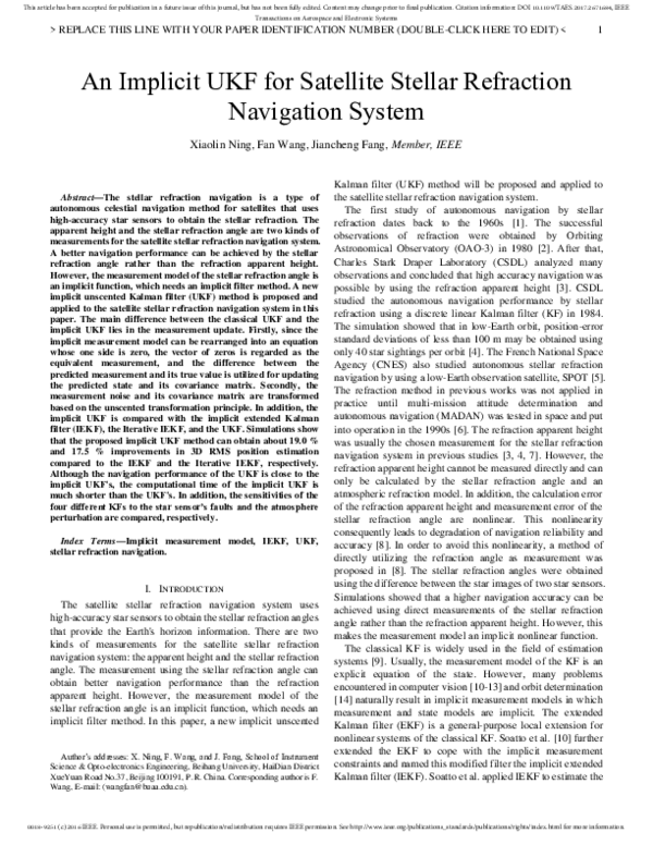 (PDF) An Implicit UKF for Satellite Stellar Refraction Navigation System