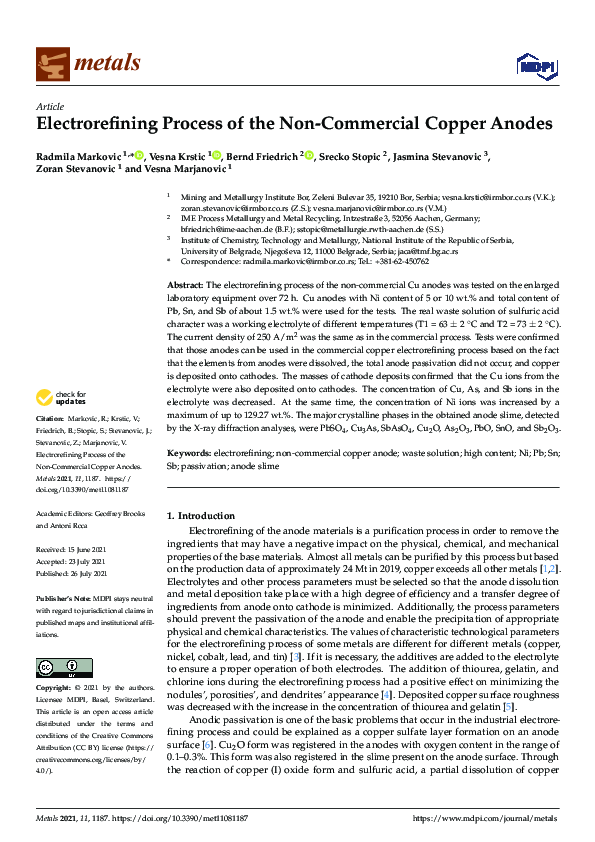 (PDF) Electrorefining Process of the Non-Commercial Copper Anodes