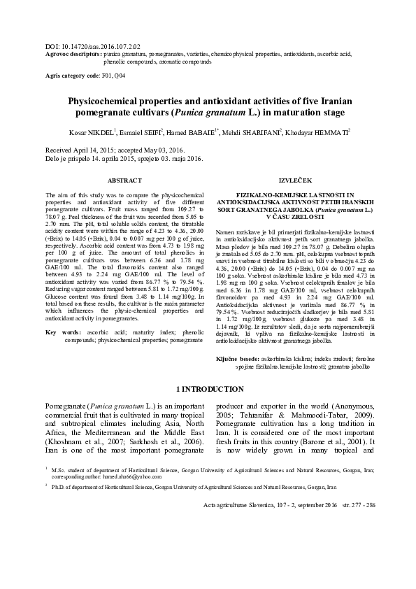 (PDF) Physicochemical properties and antioxidant activities of five Iranian pomegranate ...