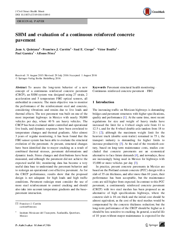 (PDF) SHM and evaluation of a continuous reinforced concrete pavement