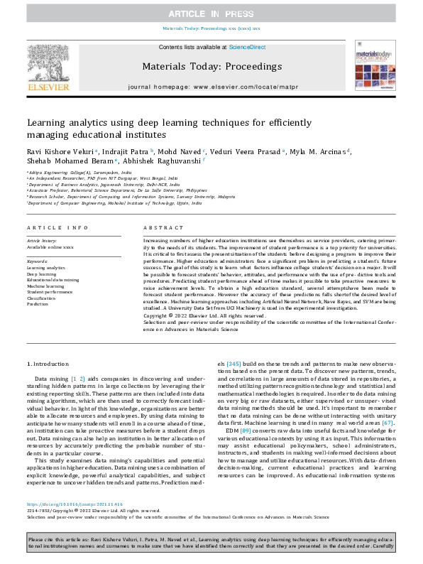 Pdf Learning Analytics Using Deep Learning Techniques For Efficiently Managing Educational