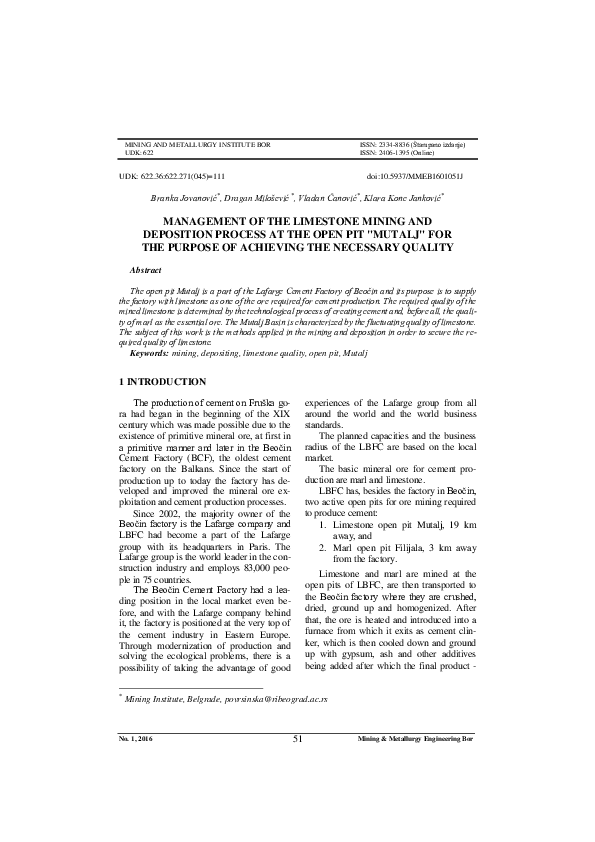 (PDF) Management of the limestone mining and deposition process at the open pit 'Mutalj' for the ...