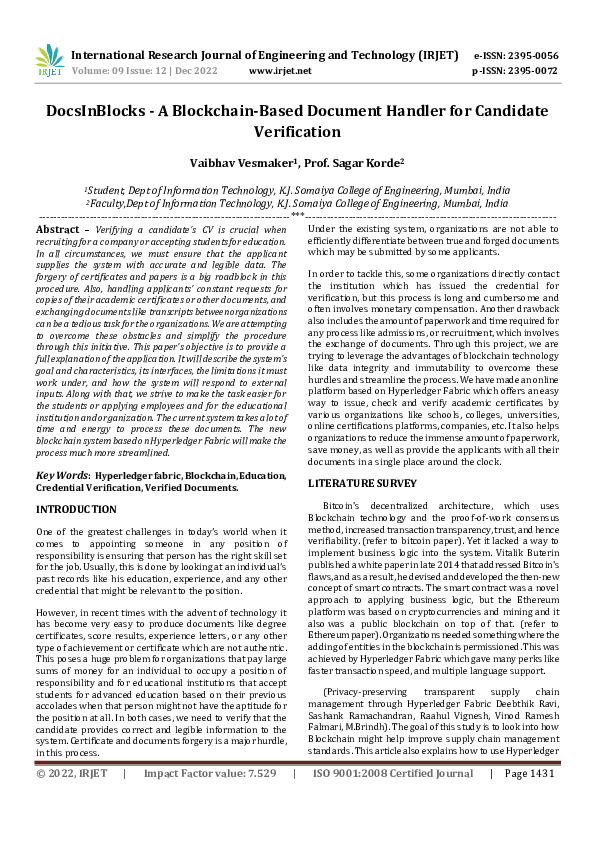 (PDF) DocsInBlocks -A Blockchain-Based Document Handler for Candidate Verification