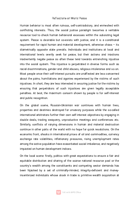 (PDF) Reflections on World Peace