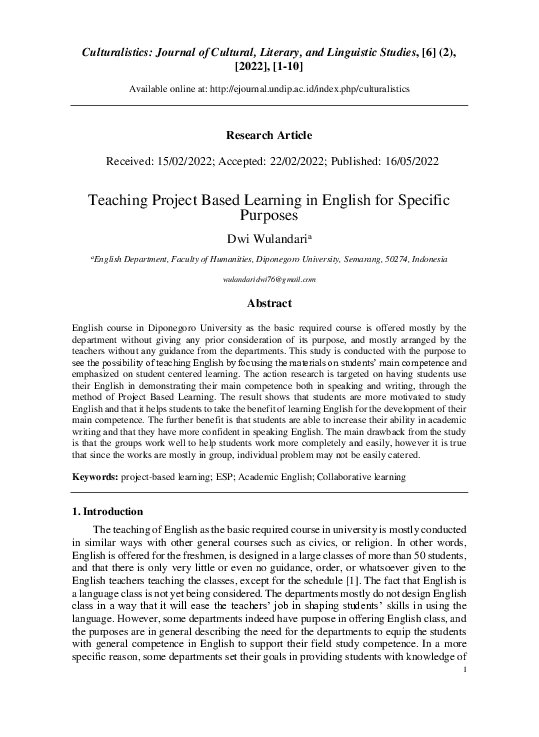 (PDF) Teaching Project Based Learning in English for Specific Purposes