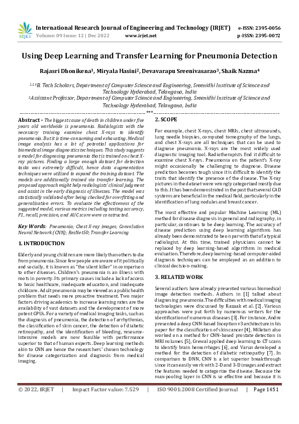 Pdf Using Deep Learning And Transfer Learning For Pneumonia Detection 